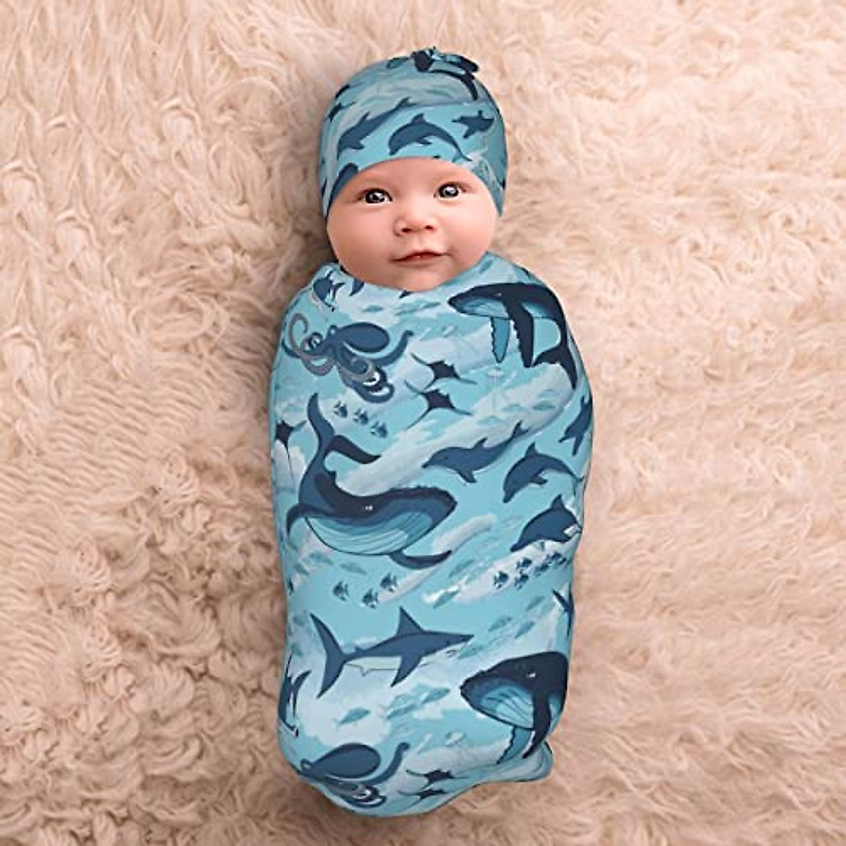 Sea Waves Dolphins Sharks Whale Octopus Newborn Swaddle Blankets Baby Wrap Blanket Soft with Beanie Hat Sets Gifts for Infant Boy Girl