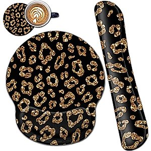 Ergonomic Mouse Pad Gel Wrist Support and Memory Foam Keyboard Wrist Rest Set, for Gaming Computer Office Laptop Easy Typing Wireless Mouse Mat, Gold Glitter Leopard Black Office Desk Pad