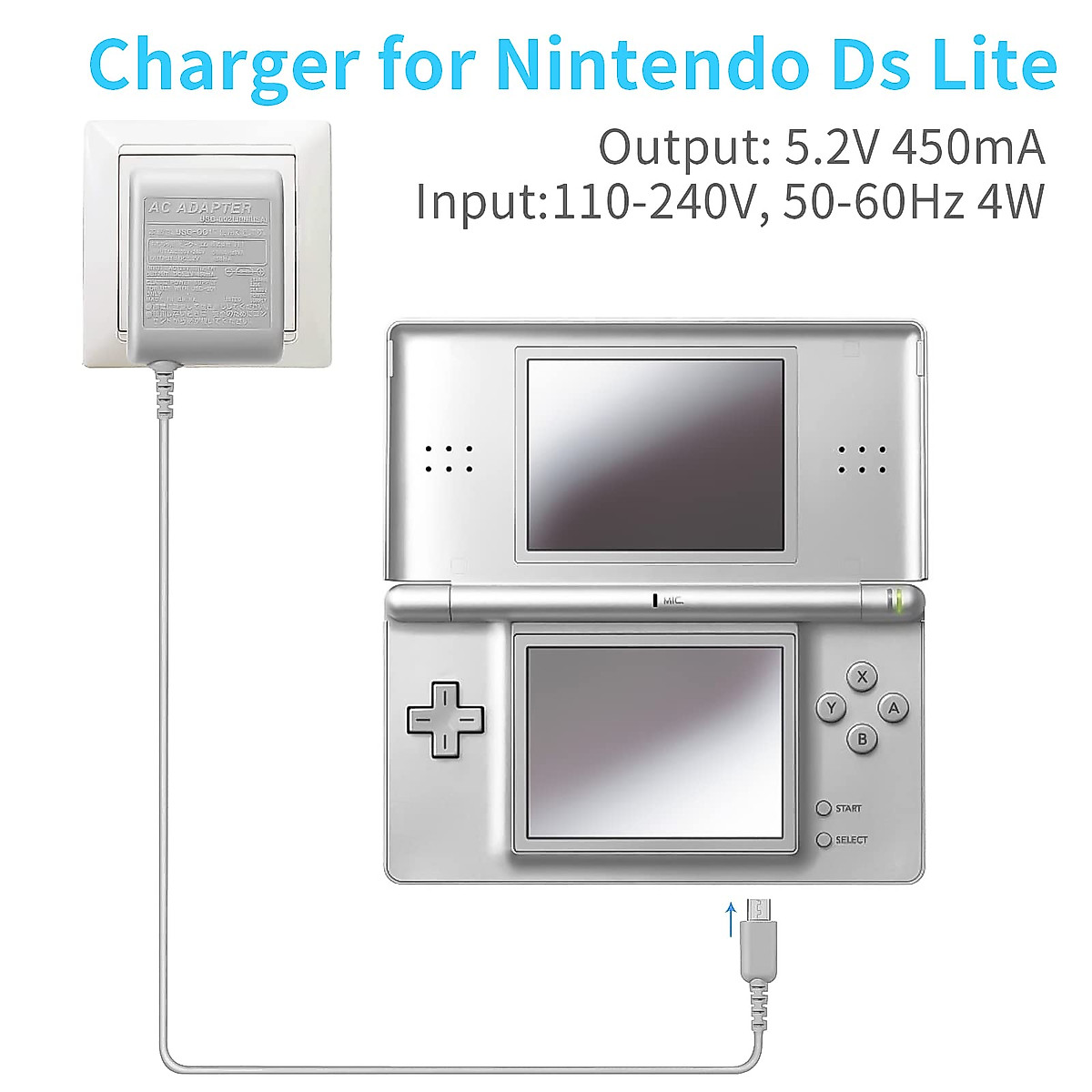 Ds Lite Charger, Flip Travel Charger Charger Power Supply AC Adapter Wall Charger Power Cord 5.2V 450mA for Nintendo DS Lite (Grey)