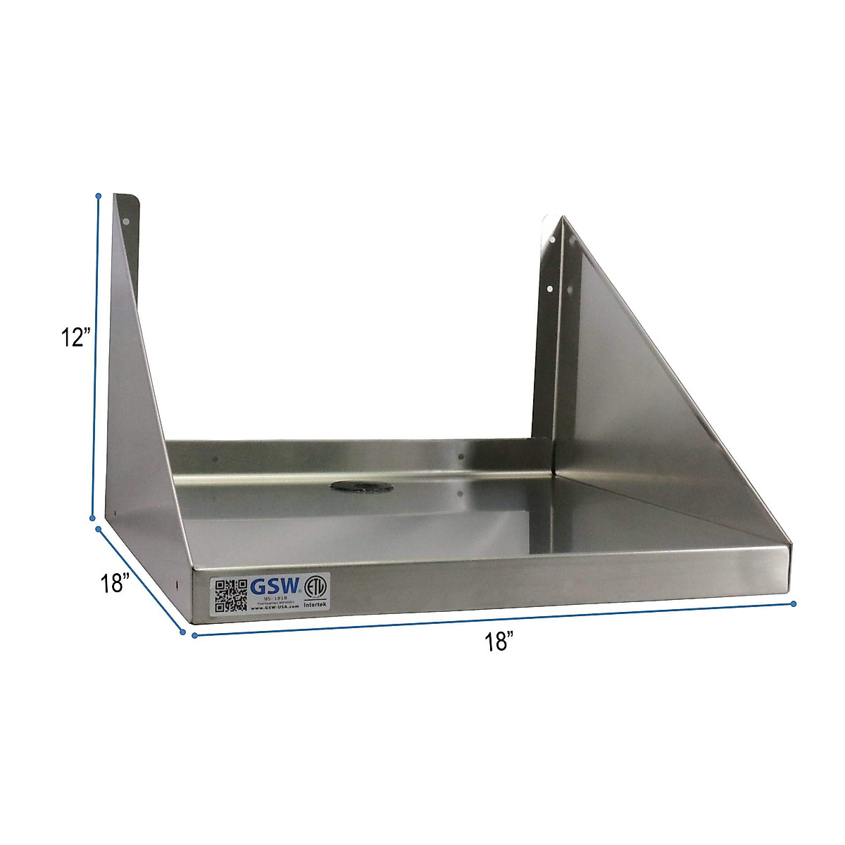 GSW Stainless Steel Reinforced Edge Wall Mount Microwave Oven Wall Shelf NSF Approved (18" W x 18" L x 12" H)