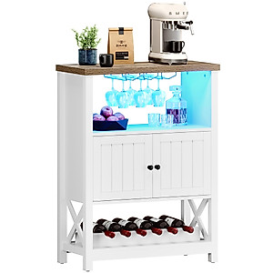 YITAHOME Sideboard Buffet Cabinet with Light, 31.5'' Farmhouse Coffee Bar Cabinets with Storage, Wine Bar Cabinet for Home with Wine Rack and Glass Holder (White Oak)