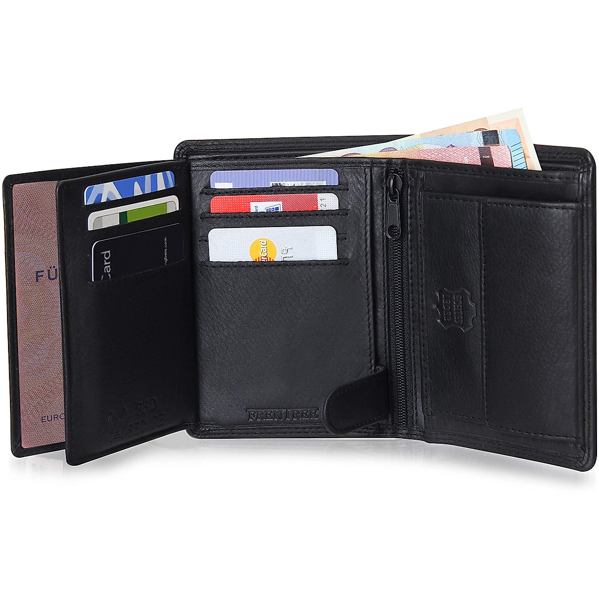 Frentree Men's Trifold Nappa Leather Wallet, 15 Card Slots, RFID Protection, Portrait Format, Black