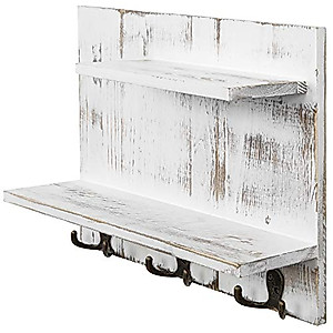 MyGift Shabby Whitewashed Wood Wall Mounted Storage Organizer Shelf with 6 Hooks