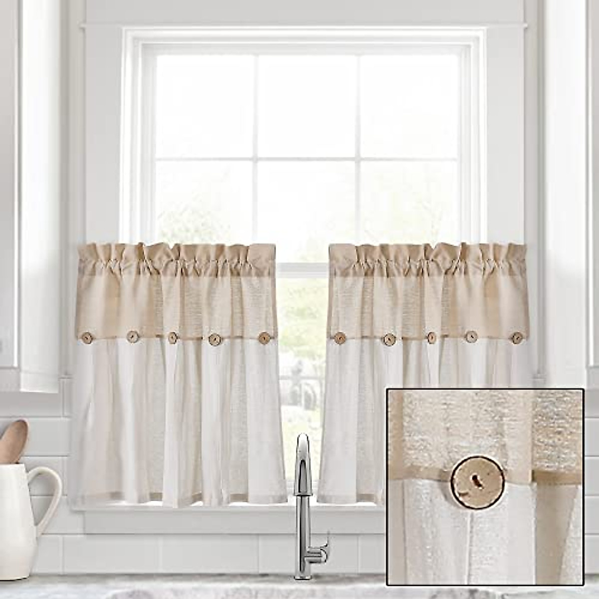 Lush Decor Linen Button Farmhouse Kitchen Tier Window Curtains, 29"L x 24"W, Linen