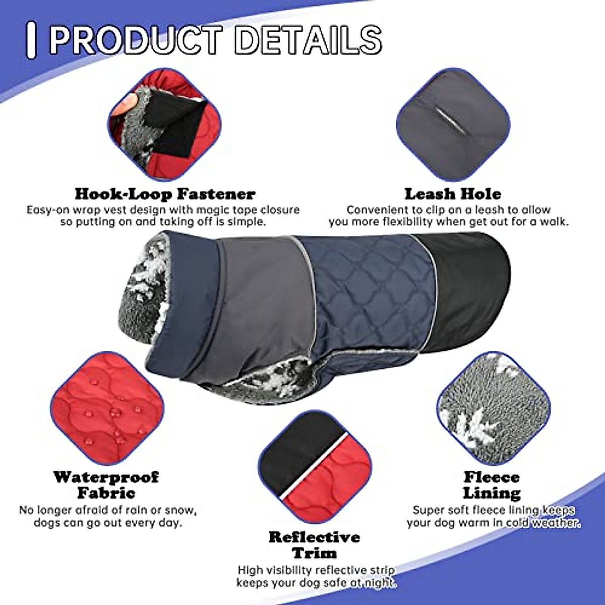 Warm Winter Jacket for Dogs,Reversible Furry Coat with Leash Hole,Puppy Cat Waterproof Reflective Vest Cloth for Cold Weather,Navyblue,XS