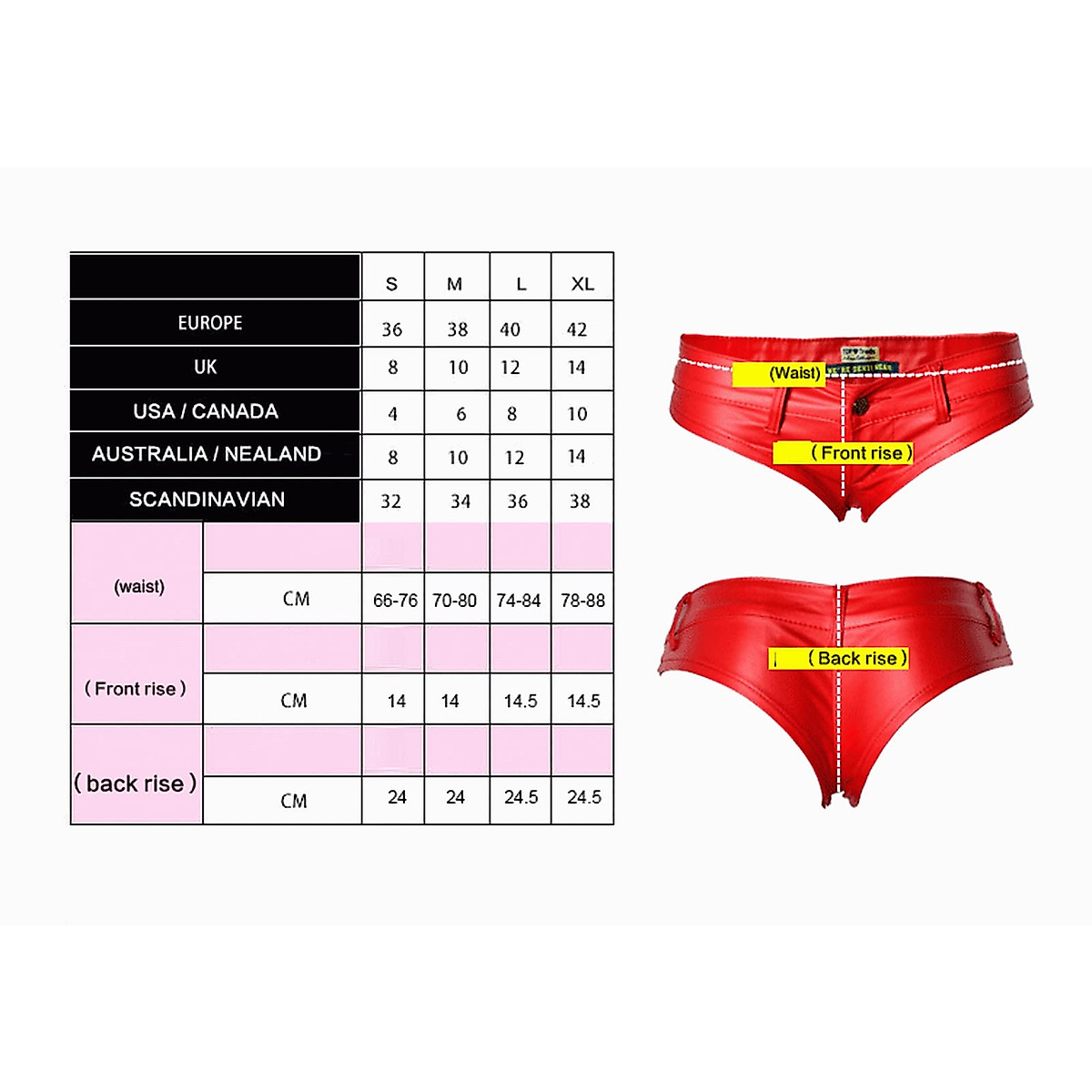 Faringoto Red Girls Low Rise Stretch PU Coated Faux Leather Button Zip Hot Pants