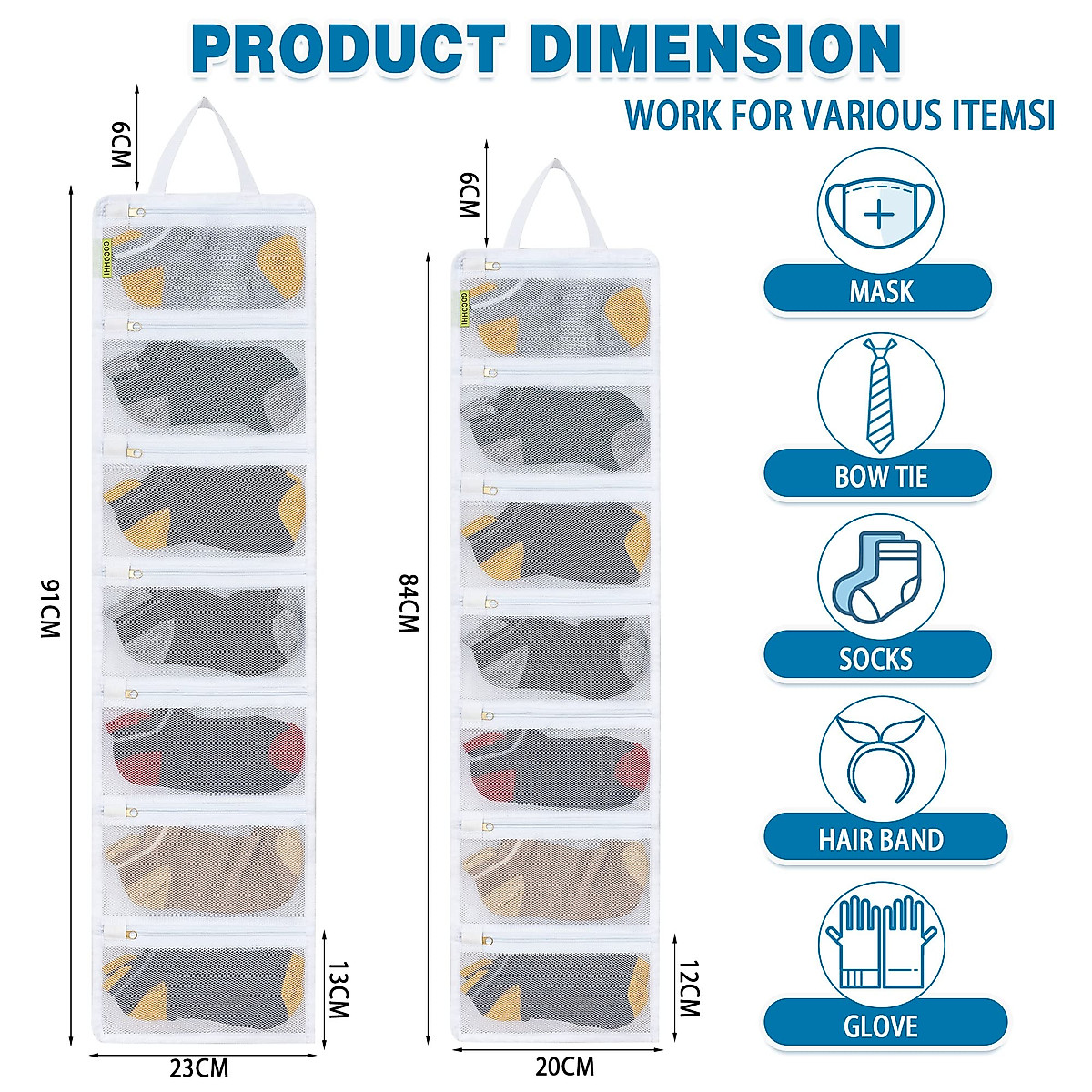 GOCOHHI 4 Pcs Sock Laundry Bag, Socks Organizer Mesh Bags for Washing Machine, Large Wash Bag Hanging for Stocking Underwear Bra Lingerie, Travel Organizer for Adults & Children, 28 Pockets