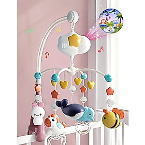 BSROLUNA Baby Crib Mobile with Music and Lights, Baby Mobile for Crib with Animals Projection, Hanging Rotating Animals Rattles, 19 Songs and lullabies, Cartoon Baby Crib Toys for Girls (Baby Pink)