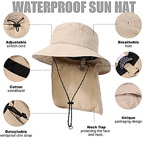 Waterproof Sun Rain Hat for Women Wide Brim UPF50+ UV Protection Packable Men Bucket Safari Fishing Hat with Neck Flap