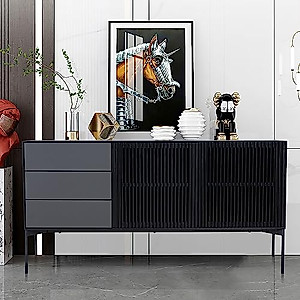 WILLIAMSPACE 62.4" Mid-Century Wood Cabinet Buffet Sideboard with 3 Drawers & 2 Solid Wood Louvered Doors & 4 Storages, Floor Storage Cabinet, Side Standing Cupboard - Matte Black & Grey
