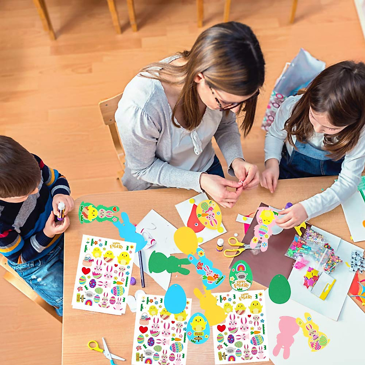 WaaHome Easter Arts and Crafts Kits with 24 Egg and Bunny Cards, Easter Egg Bunny Basket Flowers Stickers Crafts for Kids School Classroom Game Party Favors