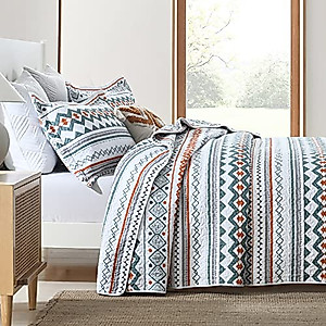PANGUSHAN Queen Size Quilt Set, 100% Cotton, Reversible Striped Geometric Quilt, Lightweight Comforter, Bohemian Bed Spread, White/Orange/Green