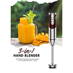Megawise 3-in-1 Hand Blender – 12-Speed, Includes Powerful Blender Stick, Whisk, and Milk Frother – Easy to Clean and Perfect for Smoothies, and More (Red)
