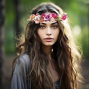 Vivivalue Rose Flower Crown Adjustable Flower Headband Hair Wreath Floral Headpiece Halo Boho with Ribbon Party Wedding