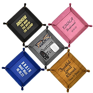 Customized Leather Valet Tray with Snaps Jewelry Key Coin Watch Glasses Tray with Custom Name Text - Wedding Holiday Birthday Corporate Gift (Brown)