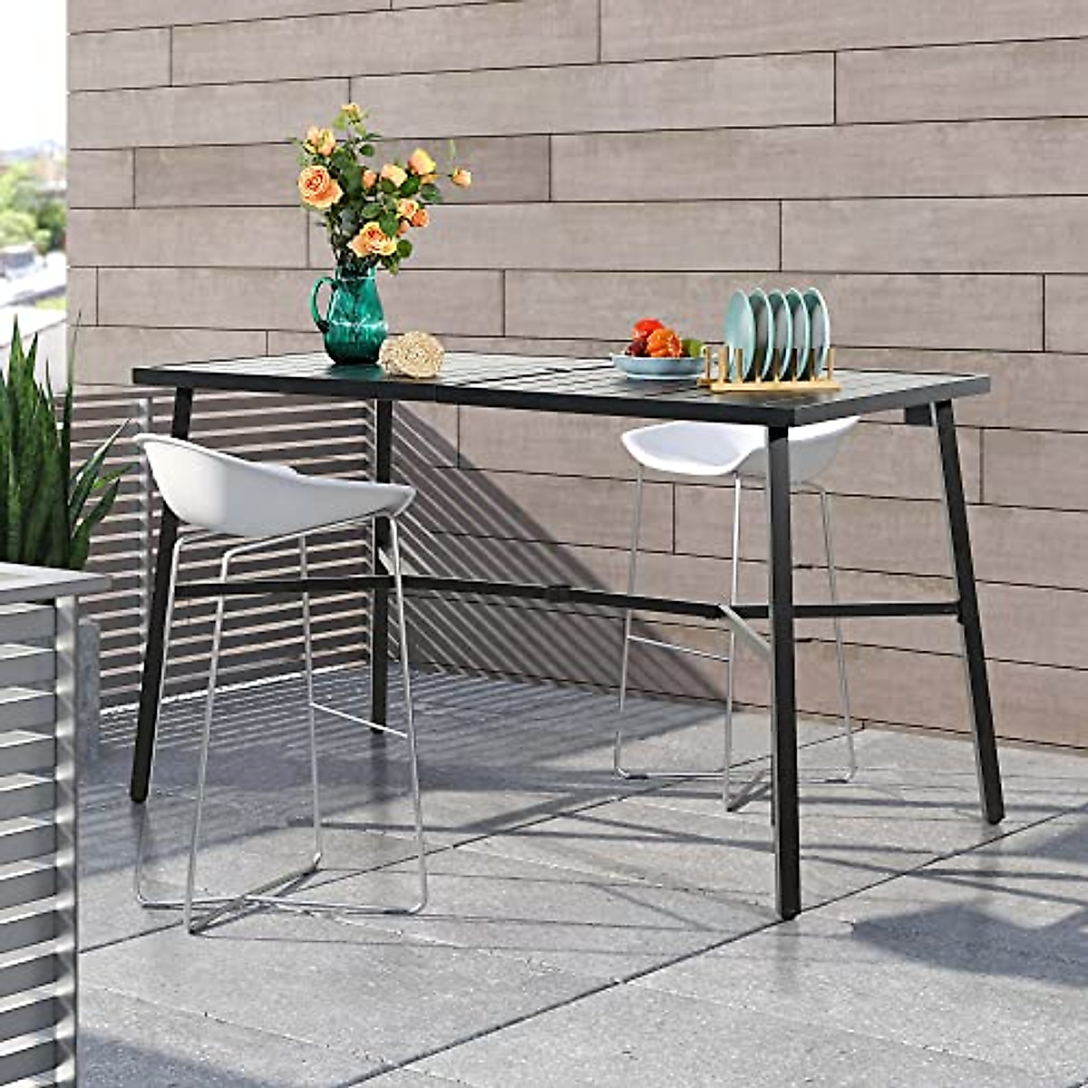 Sophia & William Outdoor Patio Bar Table Metal Bar Height Table Rectangular Dining Table with Umbrella Hole for Garden, Backyard, Lawn and Poolside, 66.9’’L x 35.4’’W x 39.8’’H