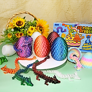 Impossmaker 6PCS 3D Printed Easter Dragon Eggs with 3D Printed Dragon Inside, Easter Basket Stuffers Mini Dragon Egg Set Articulated Crystal Dragon Fidget Toy for Adults Teens