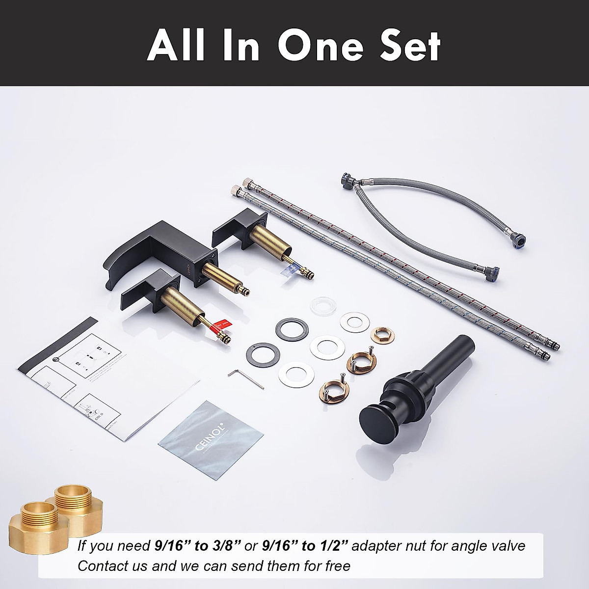 CEINOL Waterfall Bathroom Faucet Matte Black, Bathroom Sink Faucet 3 Hole, Widespread Bathroom Faucet Set with Pop Up Drain and Hose