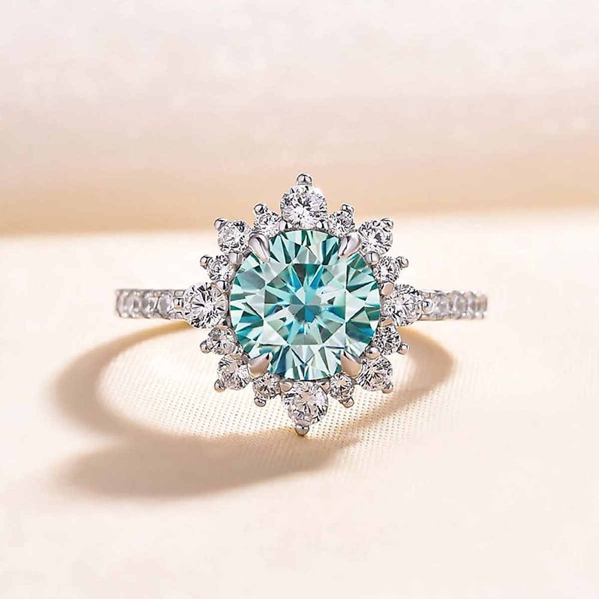 Effinny Moissanite Engagement Ring Snowflake Design Halo Round Cyan Blue Promise Ring for Her 925 Sterling Silver 18K White Gold Plated Anniversary Ring (Size : 7)