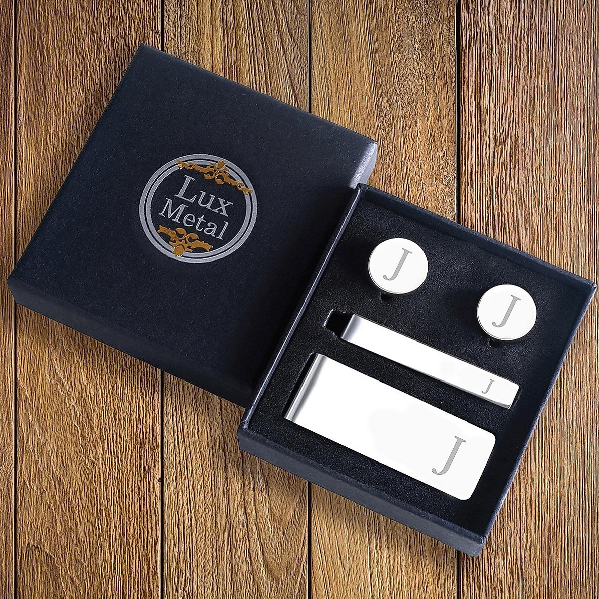 BodyJ4You 4PC Cufflinks, Tie Bar, Money Clip - Initial J Engraving Alphabet Letter - Mirror Polished Metallic Steel Jewelry Set - Men's Cuff Links Shirt Formal Suit - Fathers Day Wedding Groom