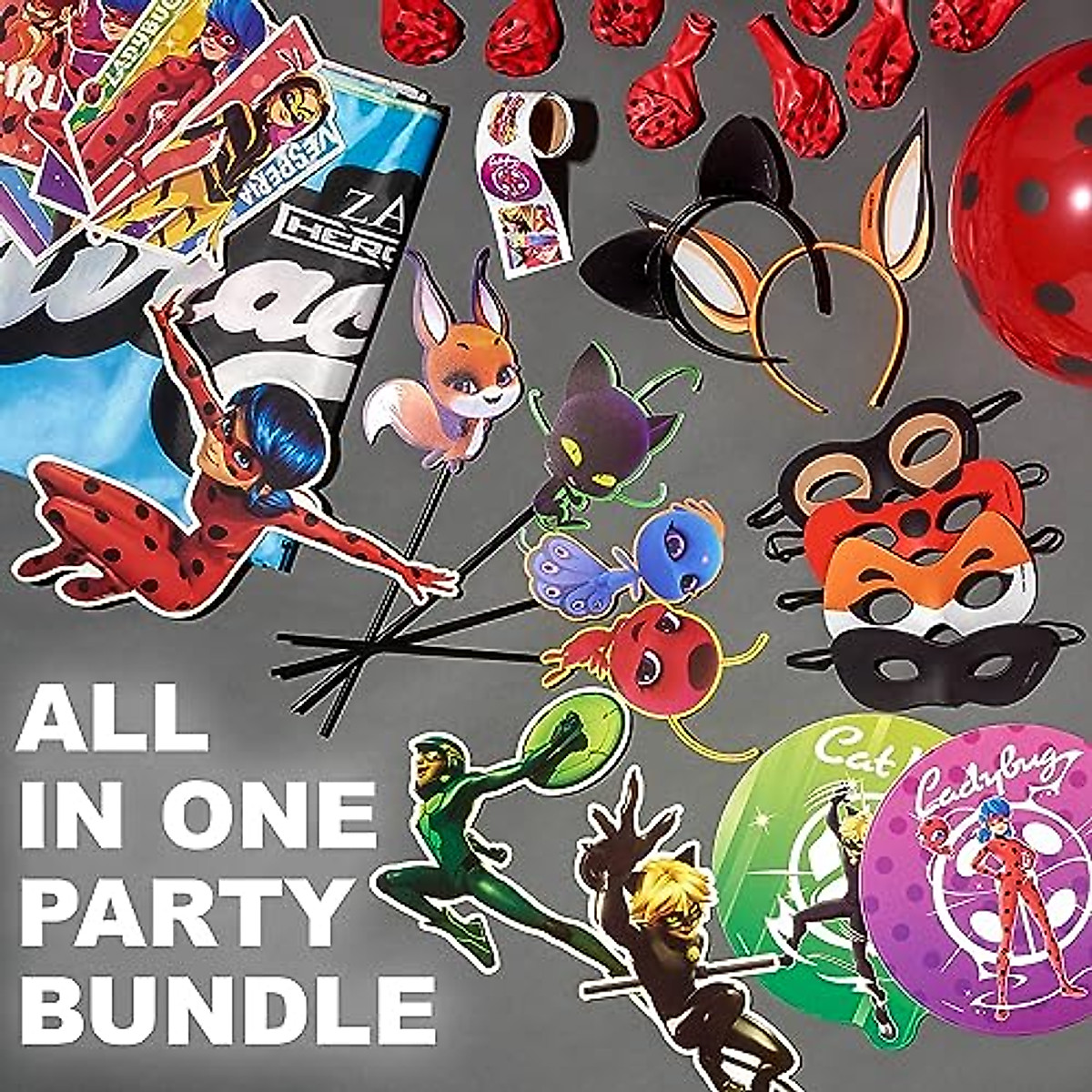 Miraculous 50-Piece Mega Party Pack - All-In-One Party Box For Zag Heroez Themed Birthday Party, Ladybug Party In A Box Celebration Kit, Backdrop and Party Props For Kids Birthday Party