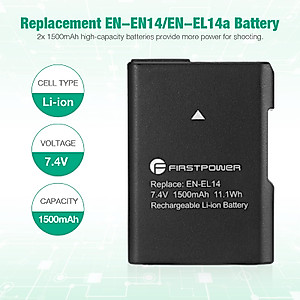 FirstPower EN-EL14 EN-EL14a Batteries for Nikon D3500 D3400 D3300 D3200 D3100 D5600 D5500 D5300 D5200 D5100 DF Coolpix P7000 P7100 P7700 P7800 (2-Pack, 1500mAh)