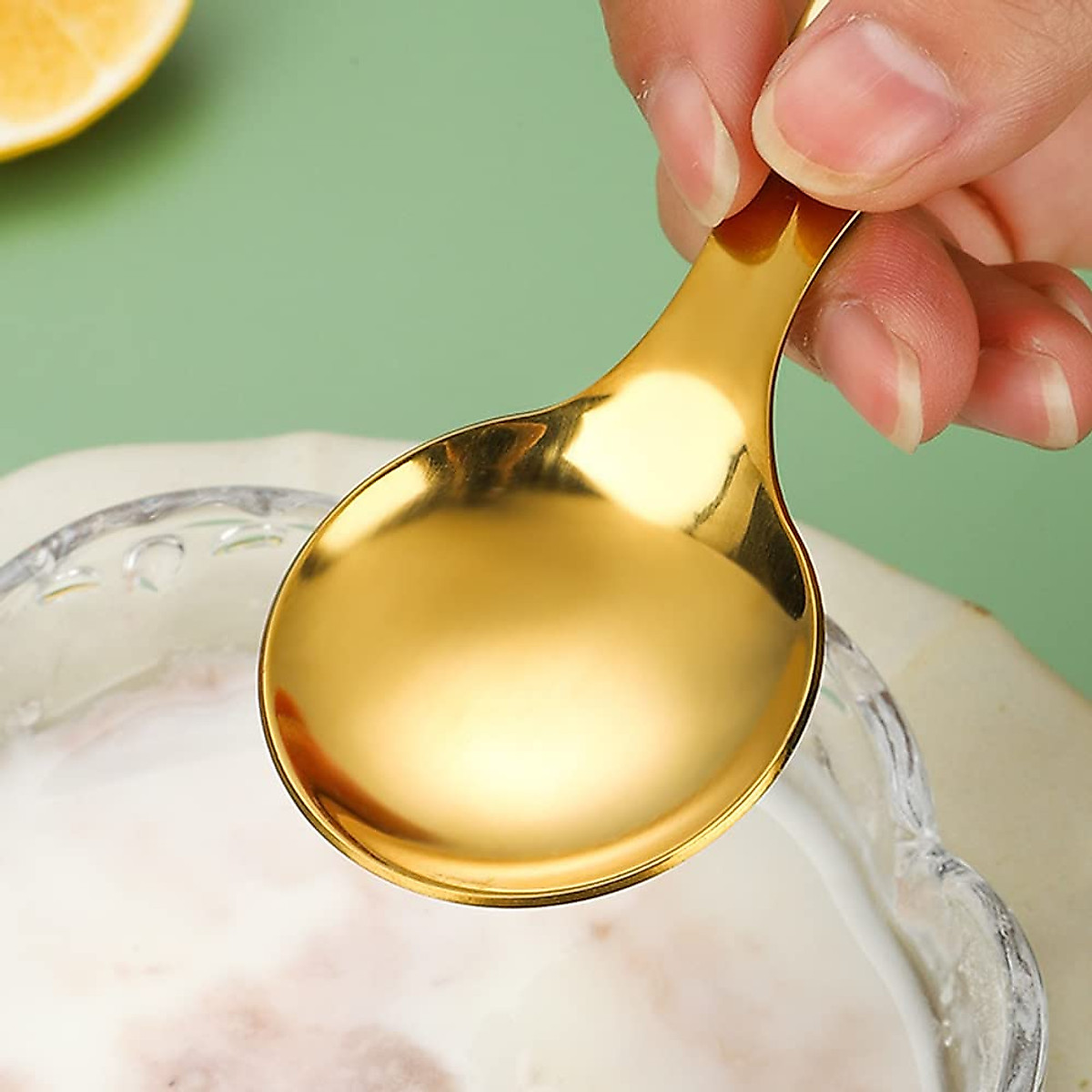 AMNGYOOK 6PCS Stainless Steel Short Handle Spoons, Silver Coffee Spoon Short Mini Teaspoon Powder Scoops Suitable for Home Kitchens, Restaurants, Cafes, and Cake Shops (Silver)