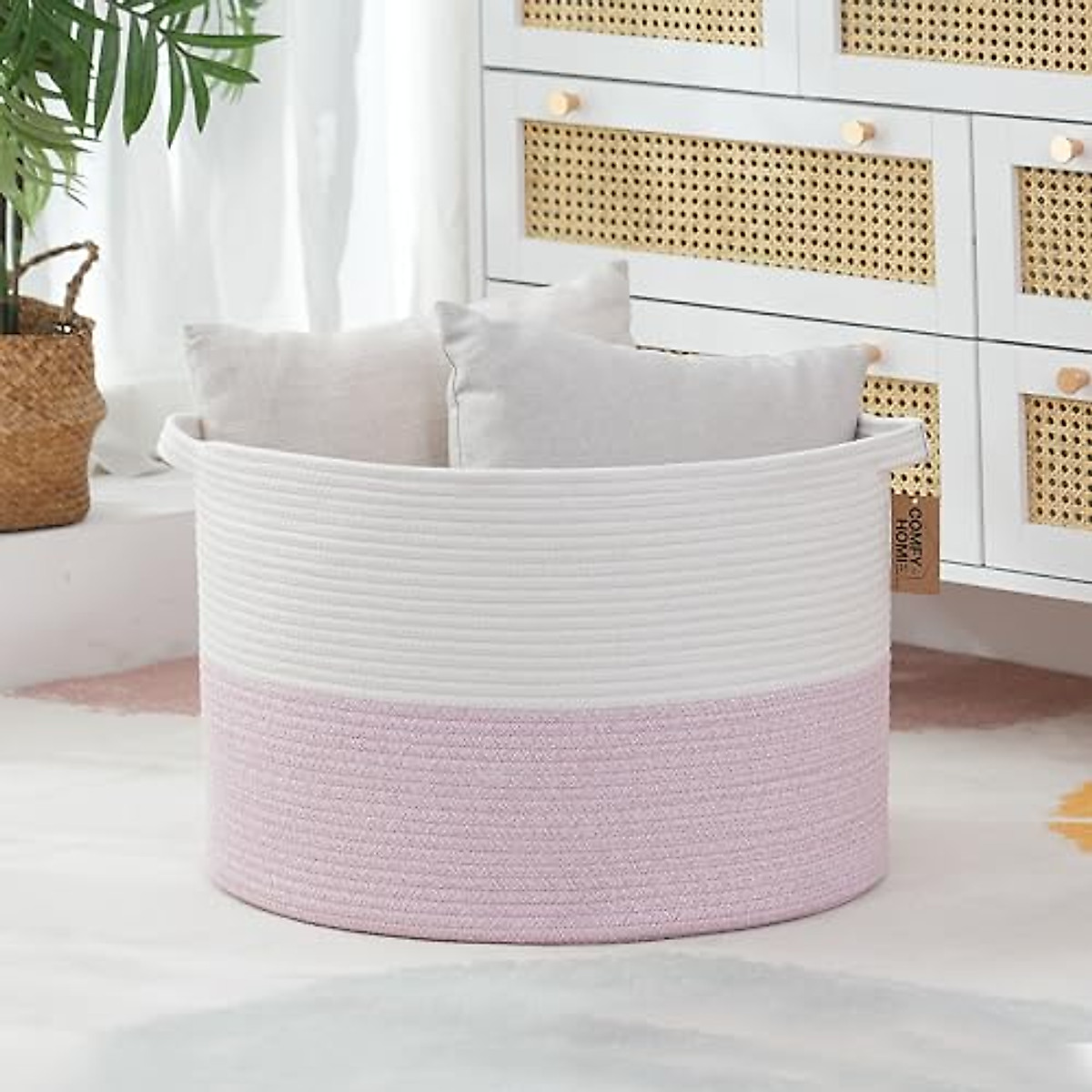 COMFY-HOMI New Extra Large Blanket Storage Basket 21''x21''x13.6''|Toy Organizers and Storage|Cotton Rope Woven Round Basket for Blanket|Baby Basket for Newborn-White/Pink