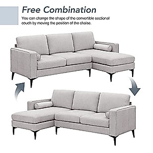 KoiHome 86" Convertible Sectional 2 Pillows, Modern Chenille L-Shaped Couch with Reversible Chaise Lounge, 3-Seater Sofa, Fit for Living Room,Office,Apartment, Polyester, Beige