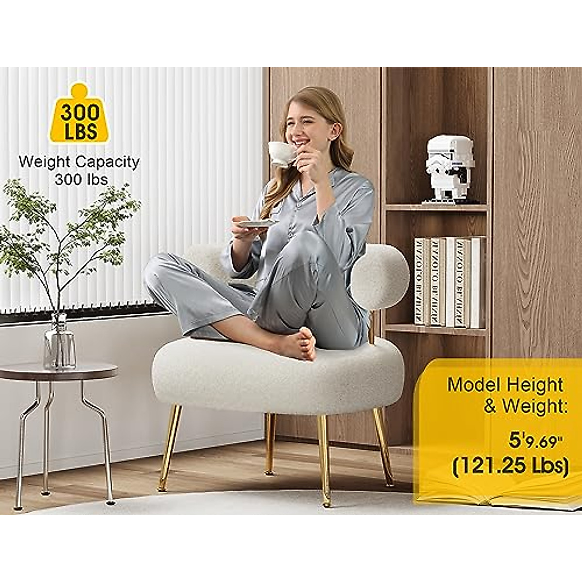 Dewhut Mid Century Sherpa Boucle Accent Chair, Round Upholstered Barrel Arm Chair for Small Spaces, Fluffy Side Corner Sofa Armchair for Living Room, Bedroom, Vanity, Office, Reading Nook(Cream White)