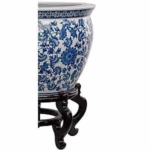 Oriental Furniture 16" Floral Blue & White Porcelain Fishbowl