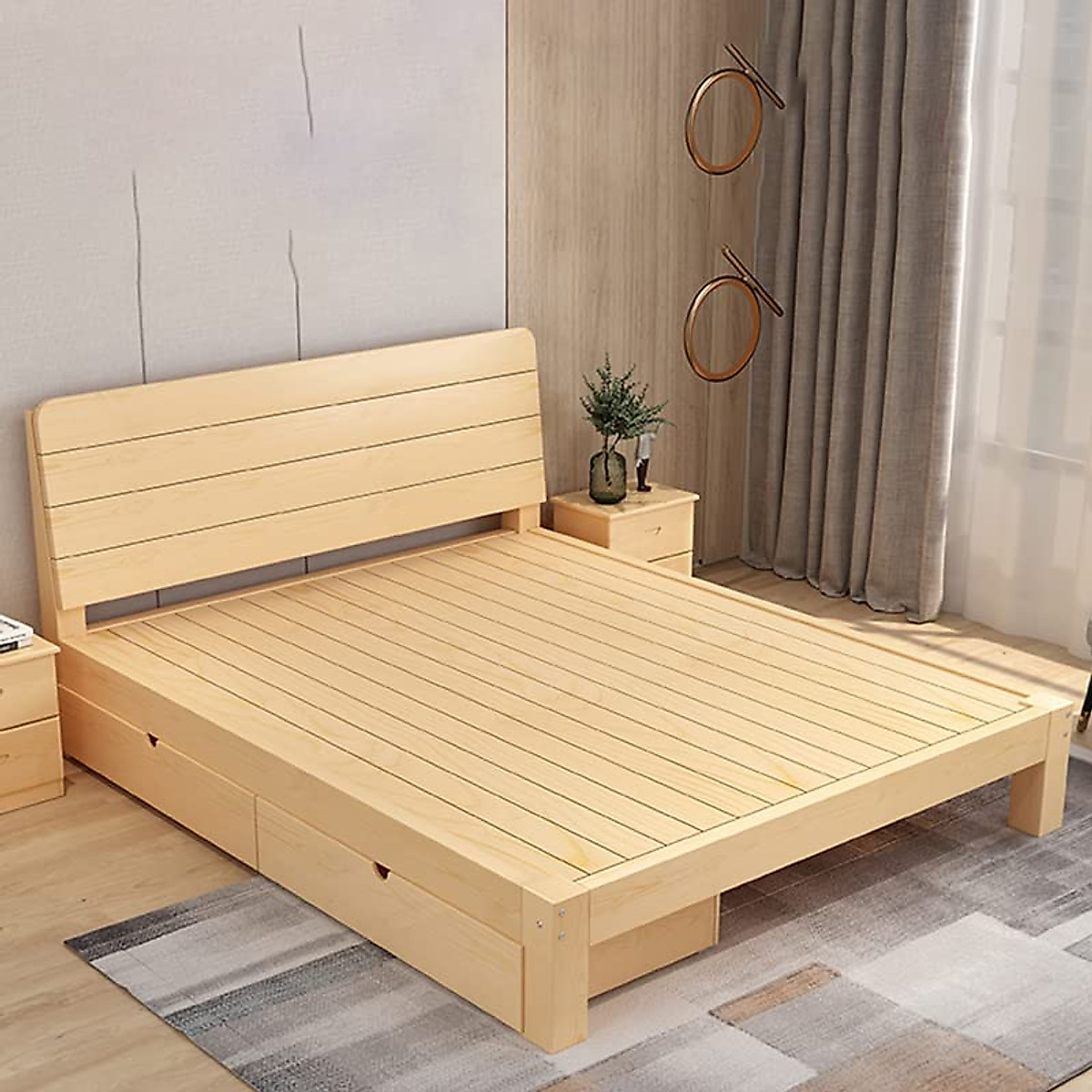 LITFAD Contemporary Pine Wood Platform Bed Natural Bed Frame with Headboard Wooden Slats Support Bed (No Box Spring Needed) - Storage Included Single Bed Vertical Paving, Twin