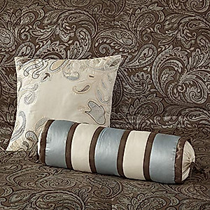 Madison Park Aubrey Cozy Comforter Set, Faux Silk Jacquard Paisley Design - All Season Down Alternative Bedding with Cotton Bed Sheets, Bed Skirt & Toss Pillows, Queen Blue 12 Piece