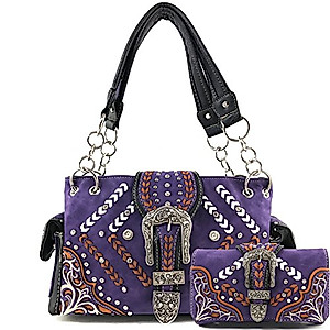 Justin West Floral Embroidery Rhinestone Turquoise Buckle Western Weave Stud Conceal Carry Handbag Purse | Messenger | Trifold Wallet (Purple Purse Wallet Set)