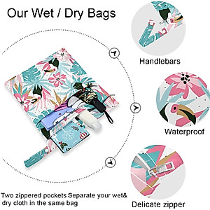 visesunny Tropical Palm Flower Parrot Animal 2Pcs Wet Bag with Zippered Pockets Washable Reusable Roomy for Travel,Beach,Pool,Daycare,Stroller,Diapers,Dirty Gym Clothes, Wet Swimsuits, Toiletries