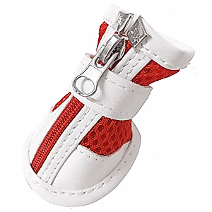 ZUNEA Small Dog Shoes for Hot Pavement Summer Breathable Mesh Boots Adjustable Non Slip Zipper Pet Dogs Booties White PU Paw Protector Red 4#
