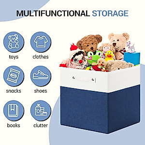 Foldable Storage Bins 13x13 Storage Cubes Fabric Linen Storage Baskets for Shelves Drawer with Handles for Organizing Closet, Utility Room, Storage Room, Nursery, Bedroom Set of 4 White & Navy Blue