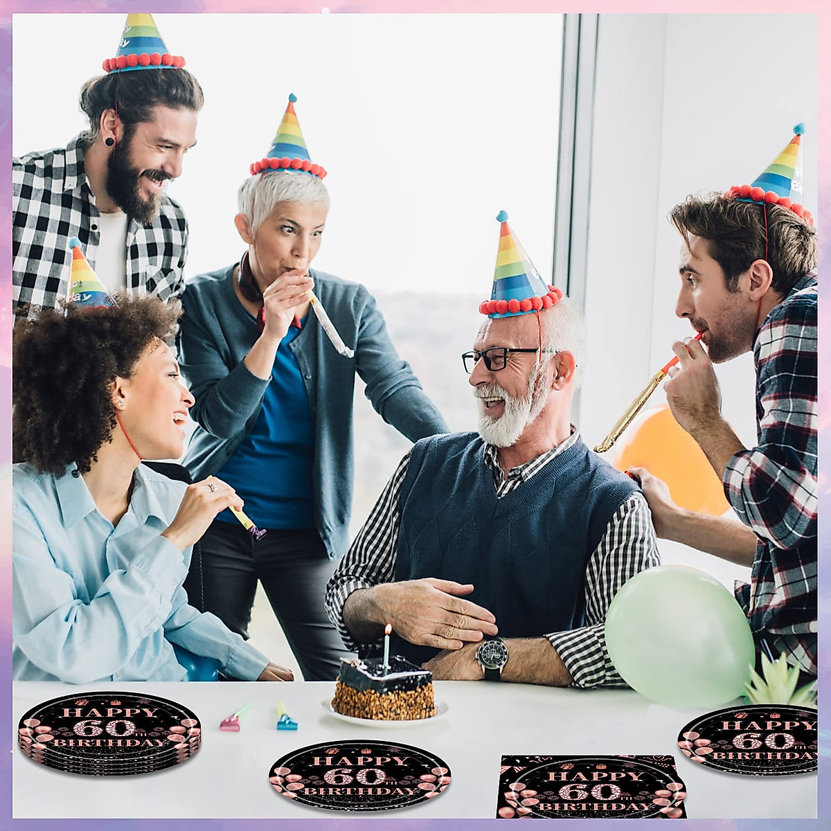 40 Pcs 60th Birthday Party Decorations 60th Birthday Decorations for Women- Black and Rose Gold Pink Happy 60 Birthday Table Toppers Party Supplies Plates and Napkins