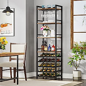 LITTLE TREE Wine Rack Freestanding Floor, 9 Tier Wine Bar Cabinet for Liquor and Glasses Storage, Wine Bottle Holder Shelf for Home Kitchen Dining Room, Rustic Brown (20 Bottle)