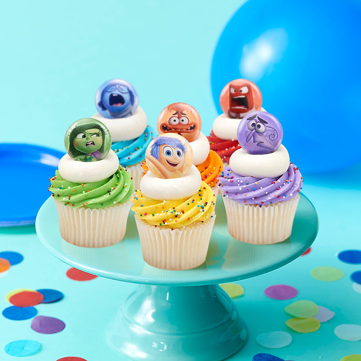 DecoPac Disney & Pixar's Inside Out 2 Bursts of Emotion Rings, Multicolored Cupcake Decorations, Food Safe Cupcake Toppers – 24 Pack