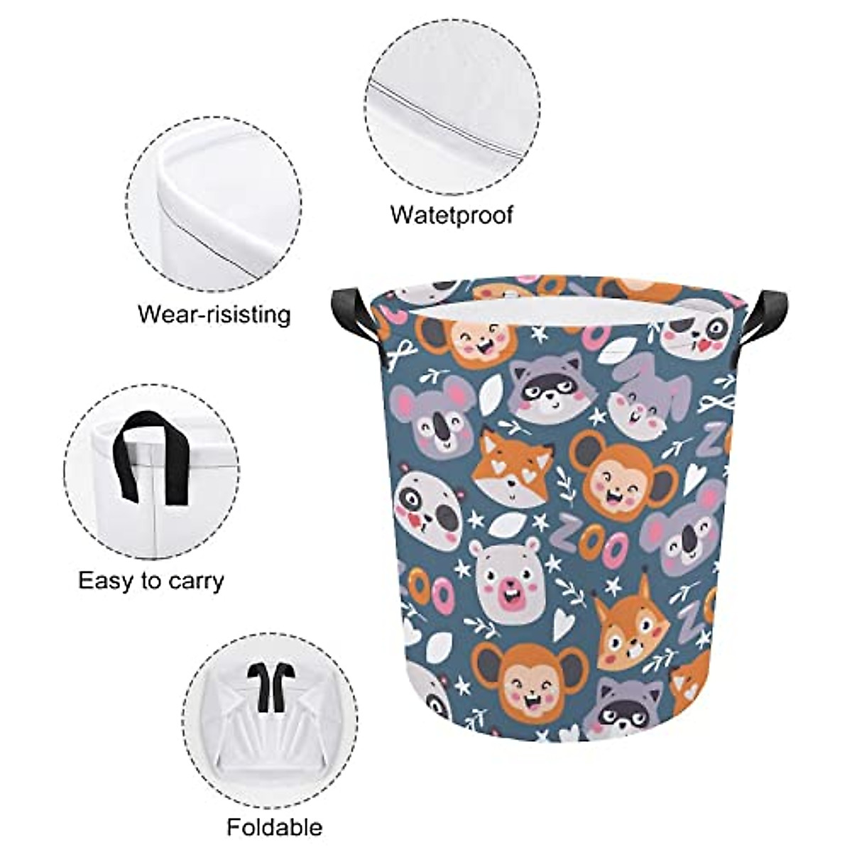 Zoo Animals Foldable Laundry Basket Waterproof Hamper Storage Bin Bag with Handle 16.5"x 16.5"x 17"