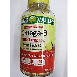 Spring Valley Omega-3 1000 mg from Fish Oil, Heart, Brain Health, Lemon,180 Softgels