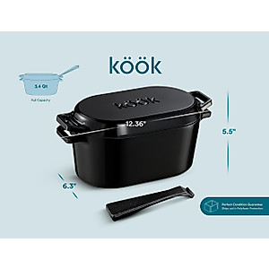 KooK Dutch Oven, Oven for Sourdough Bread Baking, with Lid, Dual Handles, Enameled Cast Iron, includes Lid Lever, Great for Baking Bread, Cooking and Roasting, Dishwasher Safe, 3.4 Qt, Black