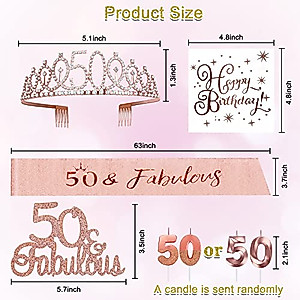Gaciban 50th Birthday Decorations Women，50th Birthday Crown and Sash, Cake Topper, Birthday Candles, Napkins Sett, 50th Birthday Gifts for Women (Rose Gold)