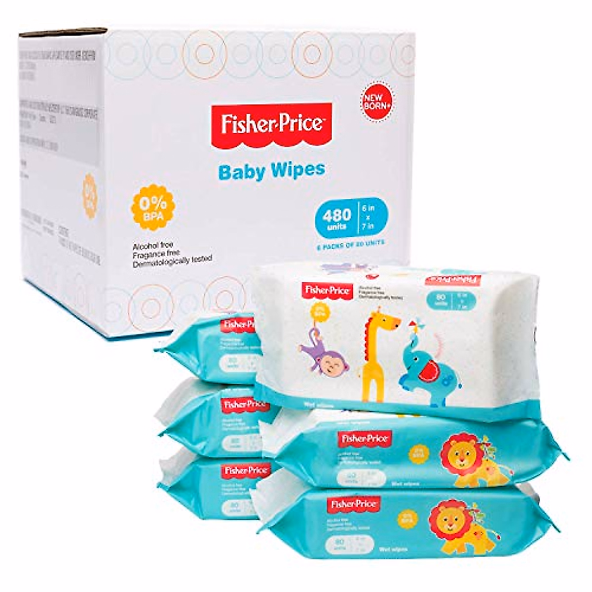 Fisher Price Baby Wipes Unscented, Hypoallergenic, Water Baby Diaper Wipes for Newborn and Sensitive Skin - Resealable Top - 80 Count (Pack of 6) - 480 wipes