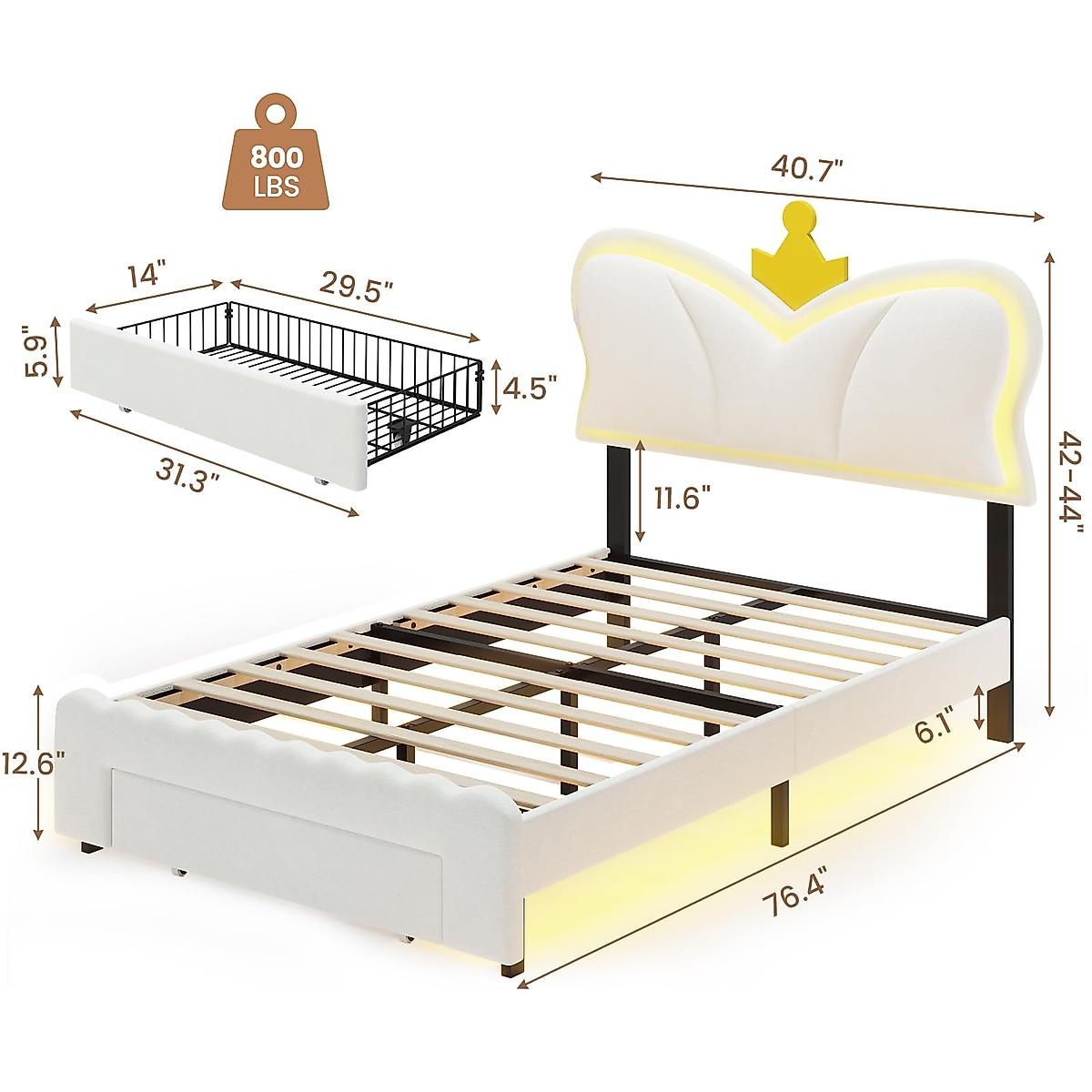 VIAGDO Twin Bed Frames with LED Lights and Storage Drawer, Upholstered Bed Frame Twin Size with Height Adjustable Crown Headboard, Type C and USB Charging Ports, No Box Spring Needed, White