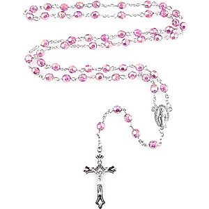 Catholic 6mm beads Woman or Girl Pink Pearl Rosary with White Vinyl Rosary Case with gold accent (Light Pink)