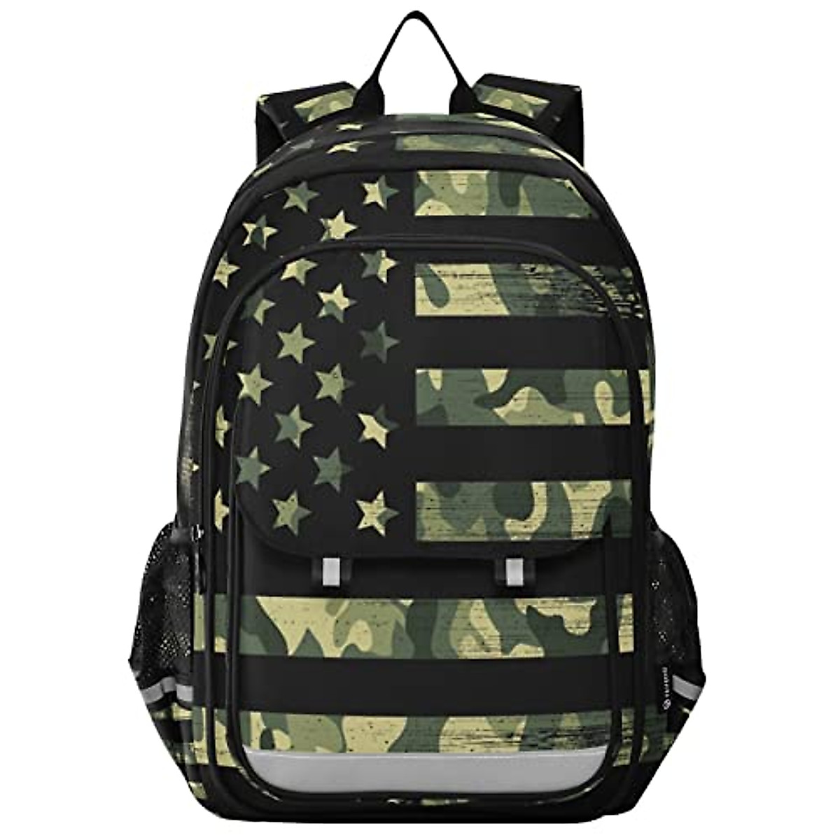 Vnurnrn Kids Backpack American Flag with Green Camo Print Big Storage Multi Pockets 17.7 IN School Backpack with Chest Buckle Reflective Strip for Boys Girls 6+ years in Primary Middle High School