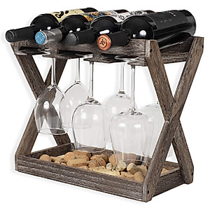 Rustic State Cava Countertop Solid Wood Wine Rack for 4 Bottles and 6 Stemware Glass Holder Cork Storage Tabletop Tray Freestanding Organizer - Home, Kitchen, Dining Room Bar Décor - Walnut