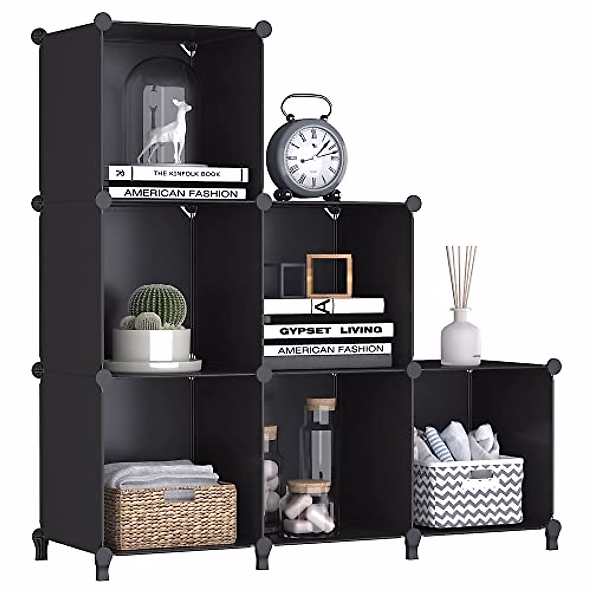 FUNLAX Cube Storage Organizer, 12x12 inches 6 Cube Shelves Units, Closet Storage Organizer System, Expandable Corner Book Shelf Shelving Stackable Closet Shelves for Bedroom, Living Room, Office Black